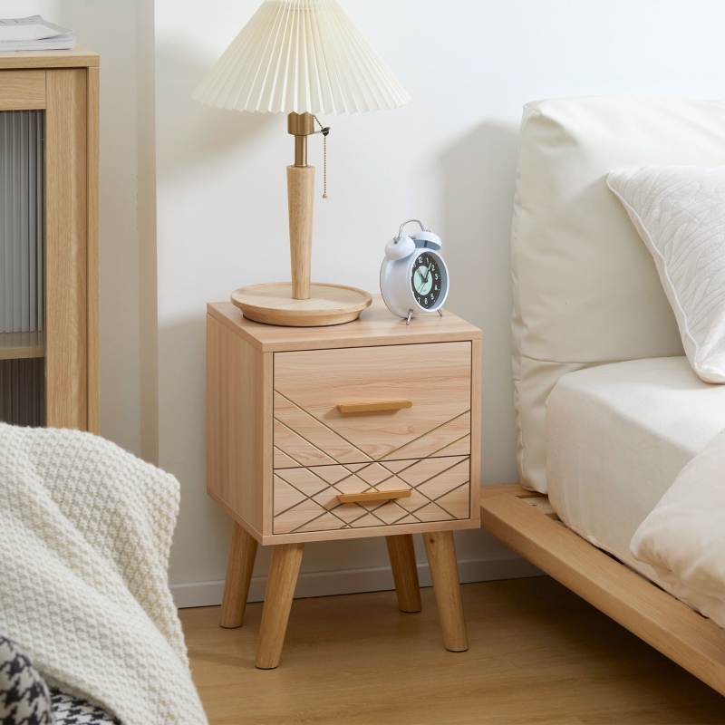 HOMCOM Scandinavian Bedside Table Side End Table with 2 Drawers and Wood Legs 13.8 x 12.6 x 20.3