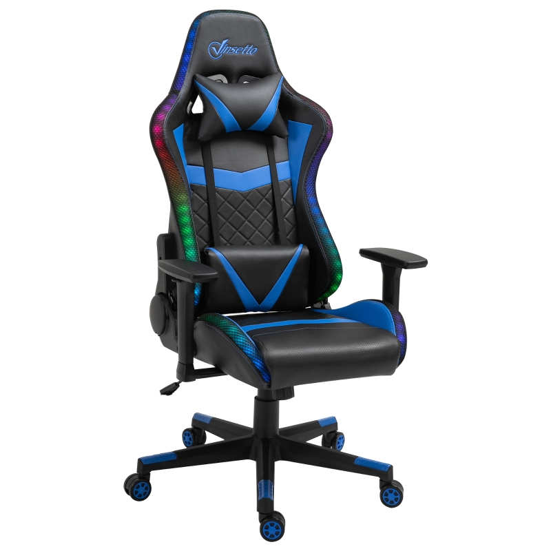 Vinsetto Gaming Chair with RGB LED Light 3D Arm Lumbar Head Pillow Swivel Home Office Computer Chair High Back Chair with Gas Lift Black Blue