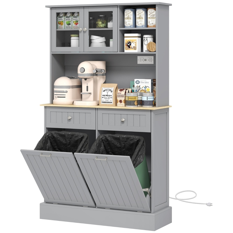 Homcom Kitchen Pantry Storage Cabinet with Charging Station 2 Tilt Out Cabinets Microwave Stand Gray Aosom