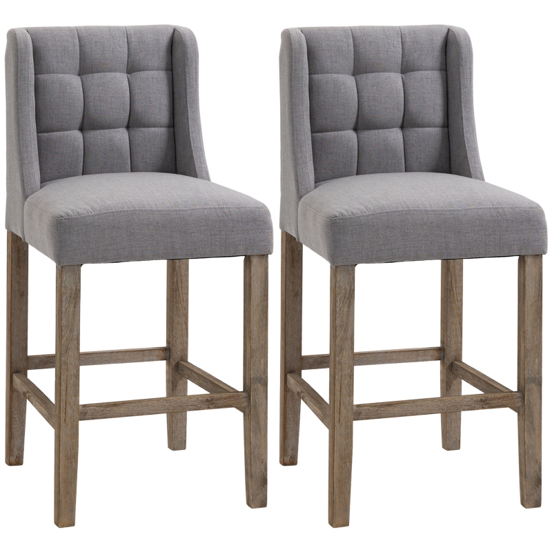 Homcom Upholstered Barstools Bar Stools with Back Rubber Wood Legs Set of 2 Grey