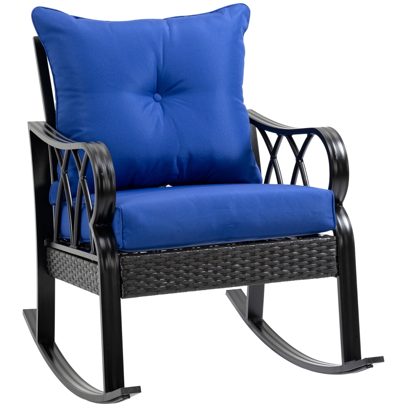 Outsunny Outdoor Wicker Rocking Chair with Padded Cushions Aluminum Furniture Rattan Porch Rocker Chair w Armrest for Garden Patio and Backyard Blue Aosom
