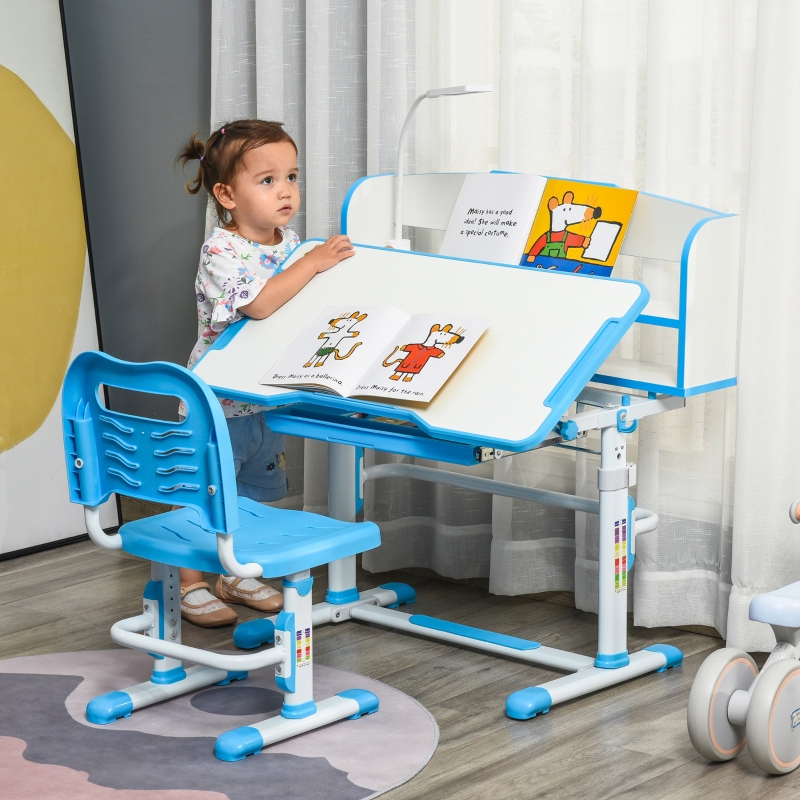 Qaba Kids Desk and Chair Set Height Adjustable Student Writing Desk Children School Study Table with LED Lamp Bookshelf Drawer Reading Board Pen Slot Hook Blue Functional Aosom Canada