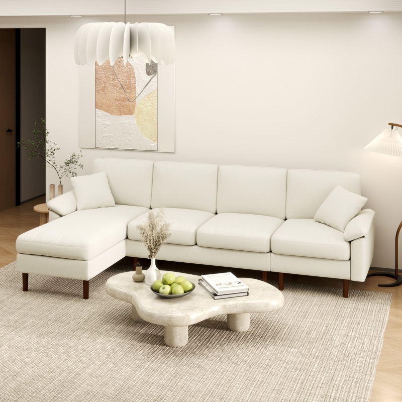 HOMCOM L Shape Sofa Modern Sectional Couch with Changeable Chaise Lounge Pillows and Wooden Legs for Living Room Cream White Aosom Canada
