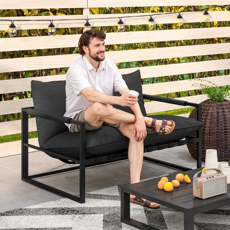 Outsunny 2 Seater Outdoor Patio Sofa Webbing Outdoor Couch with Thickened Cushion Armrests Steel Frame Black Aosom Canada