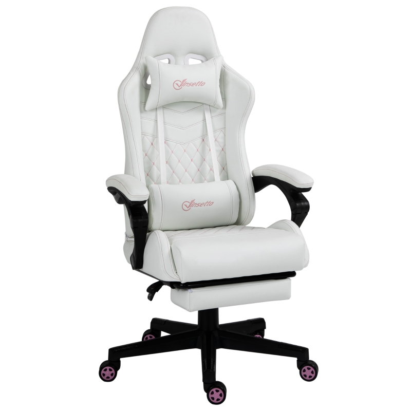 Vinsetto High Back Racing Gaming Chair with Swivel Wheel PU Leather Recliner Gamer Desk Home Office Chair White w Arm Office Aosom